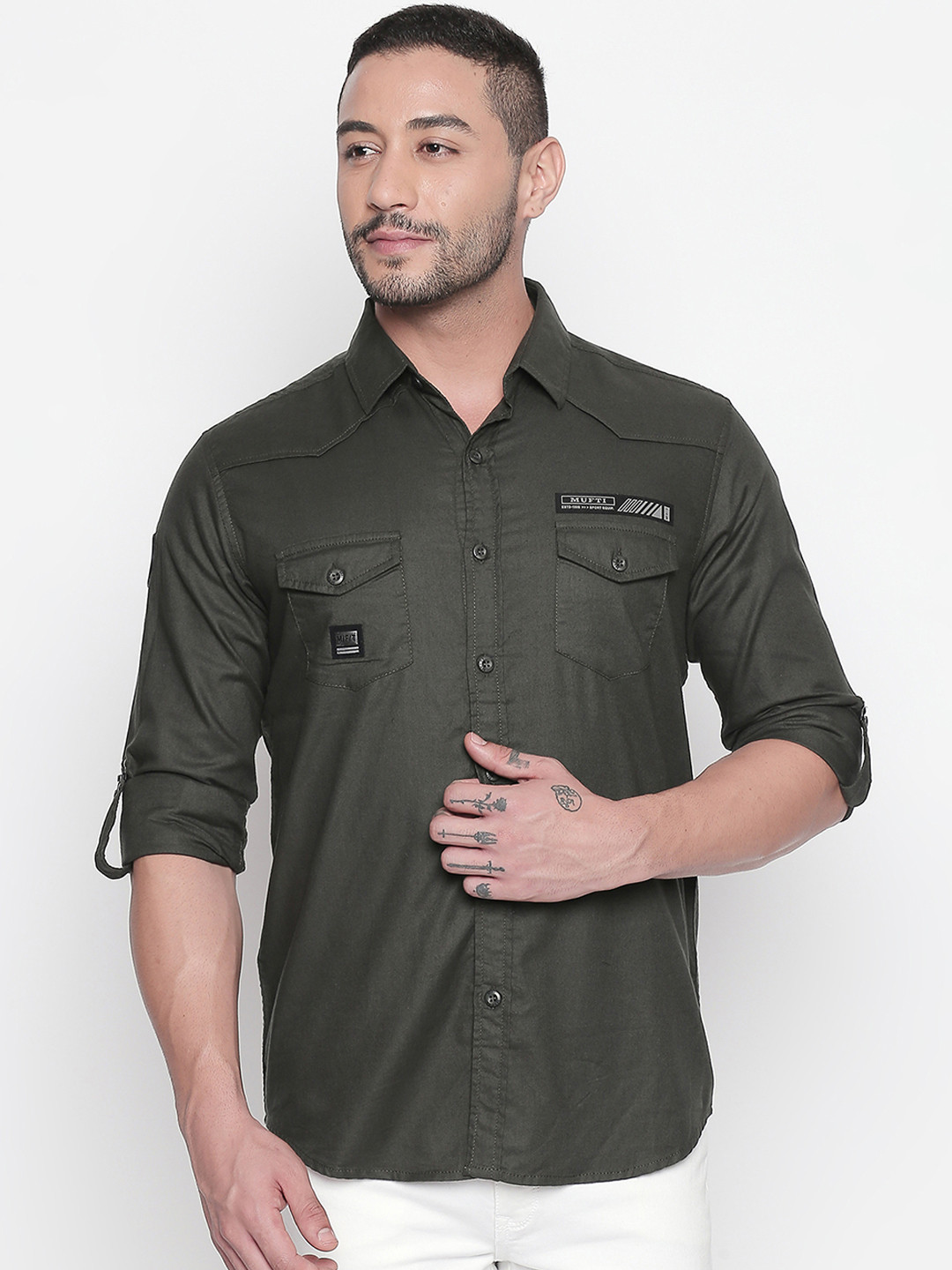 Buy Mufti Men Green Slim Fit Solid Casual Shirt - Shirts for Men ...