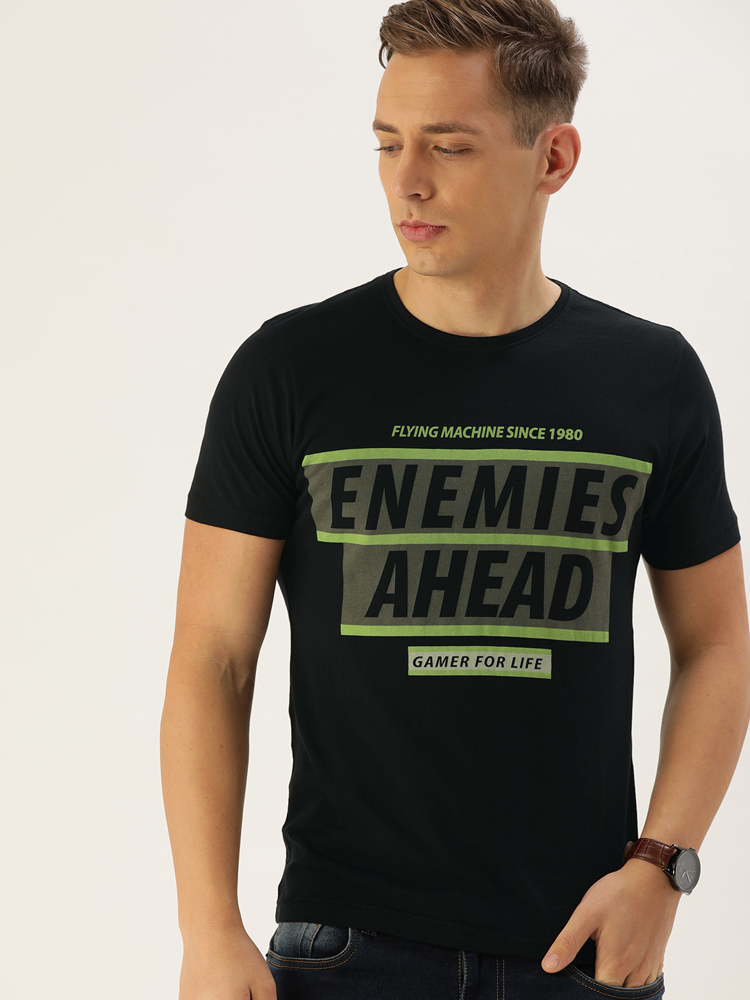 Buy Flying Machine Men Black Printed Round Neck Pure Cotton T Shirt ...