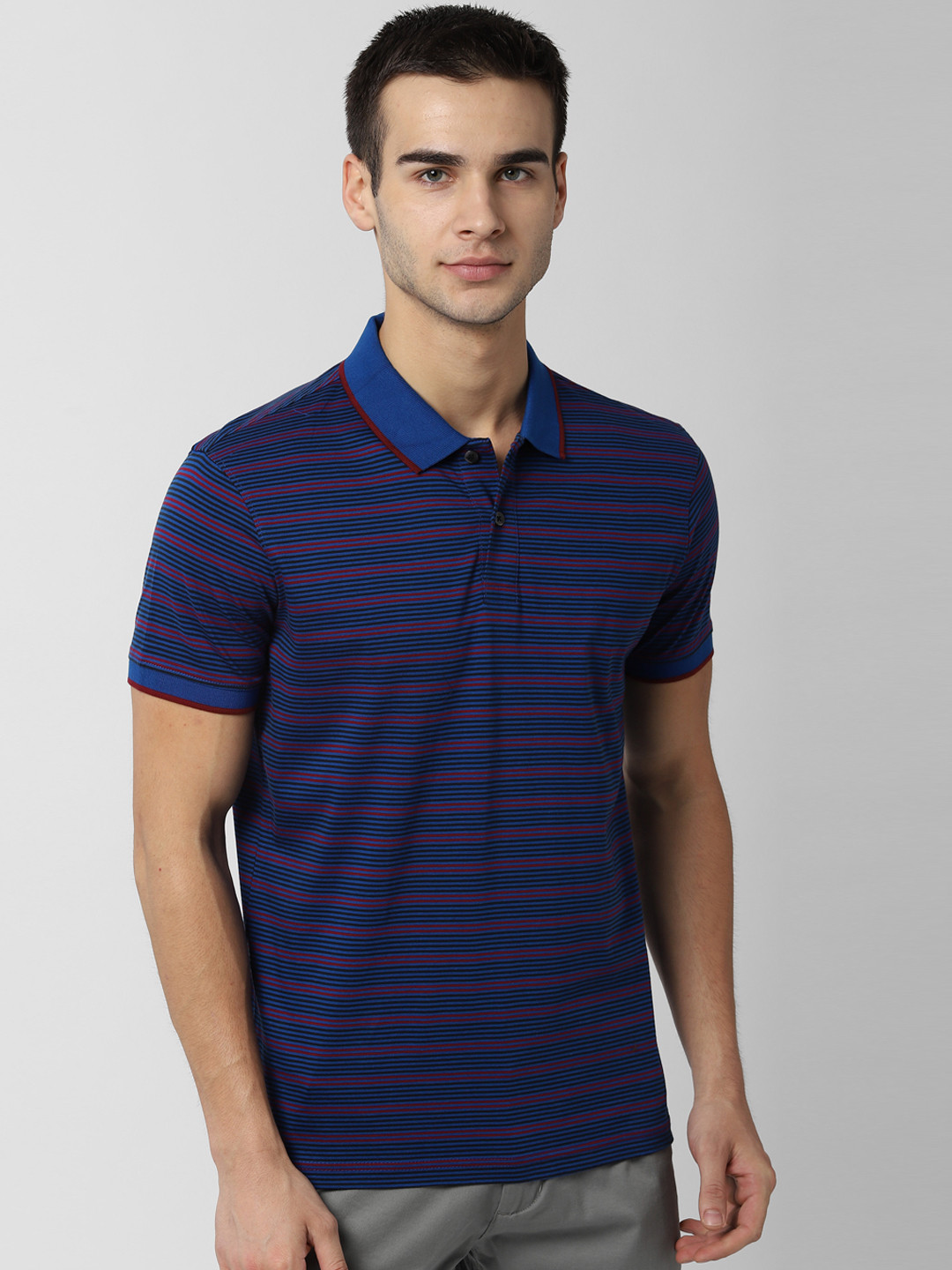 Buy Peter England Casuals Men Navy Blue Striped Polo Collar Pure Cotton ...