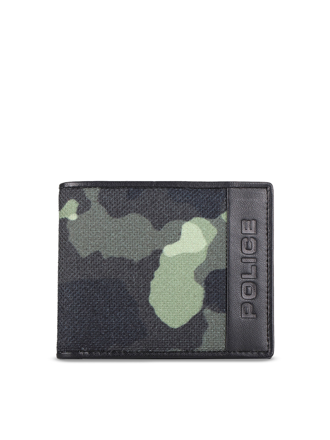Buy Police Men Black & Green Camouflage Printed Leather Two Fold Wallet ...