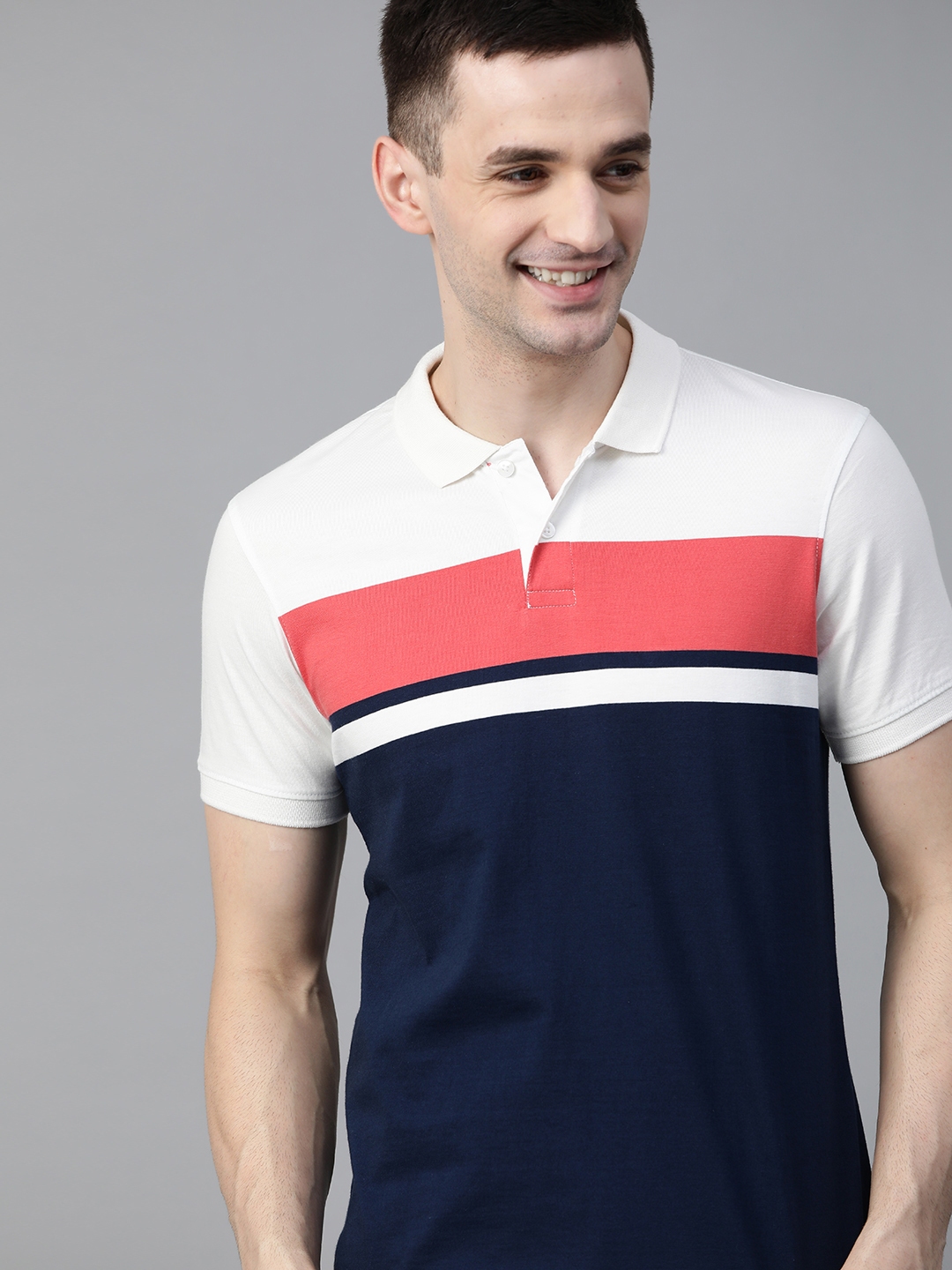 Buy Mast And Harbour Men Navy Blue And White Colourblocked Polo Collar T