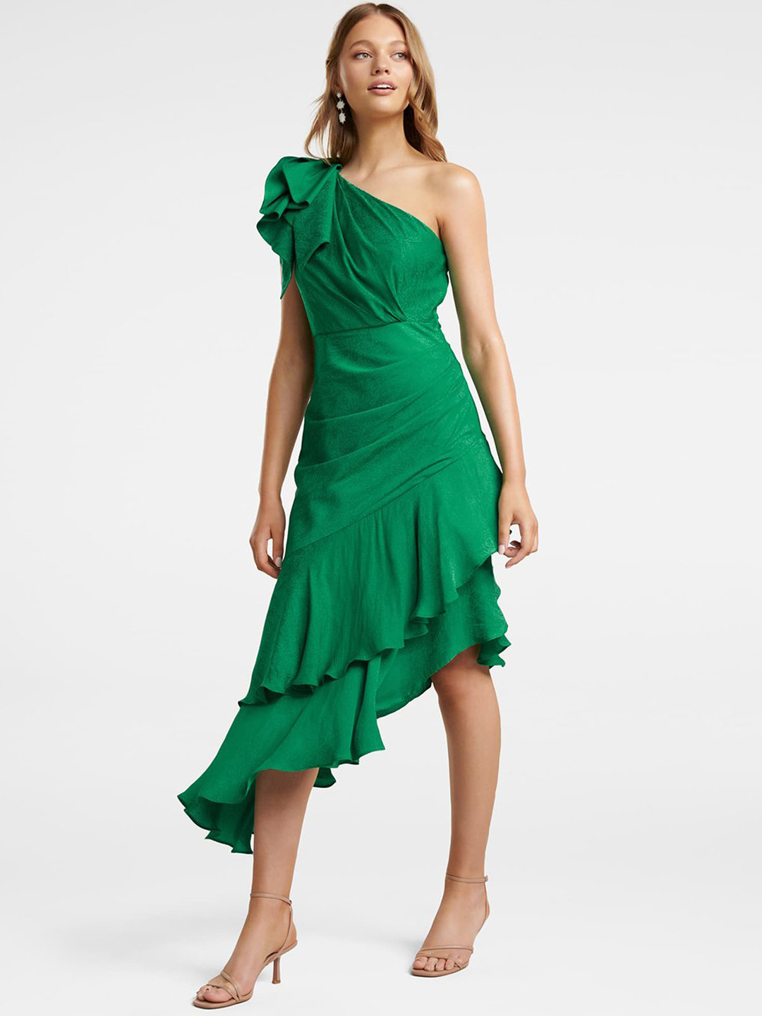 Buy Forever New Women Green Solid Ruffle Hem Layered A Line Dress ...
