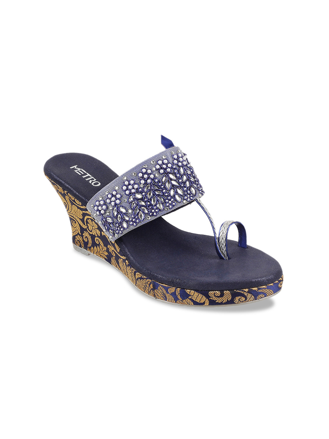 Buy Metro Women Navy Blue & White Embellished Wedges - Heels for Women ...