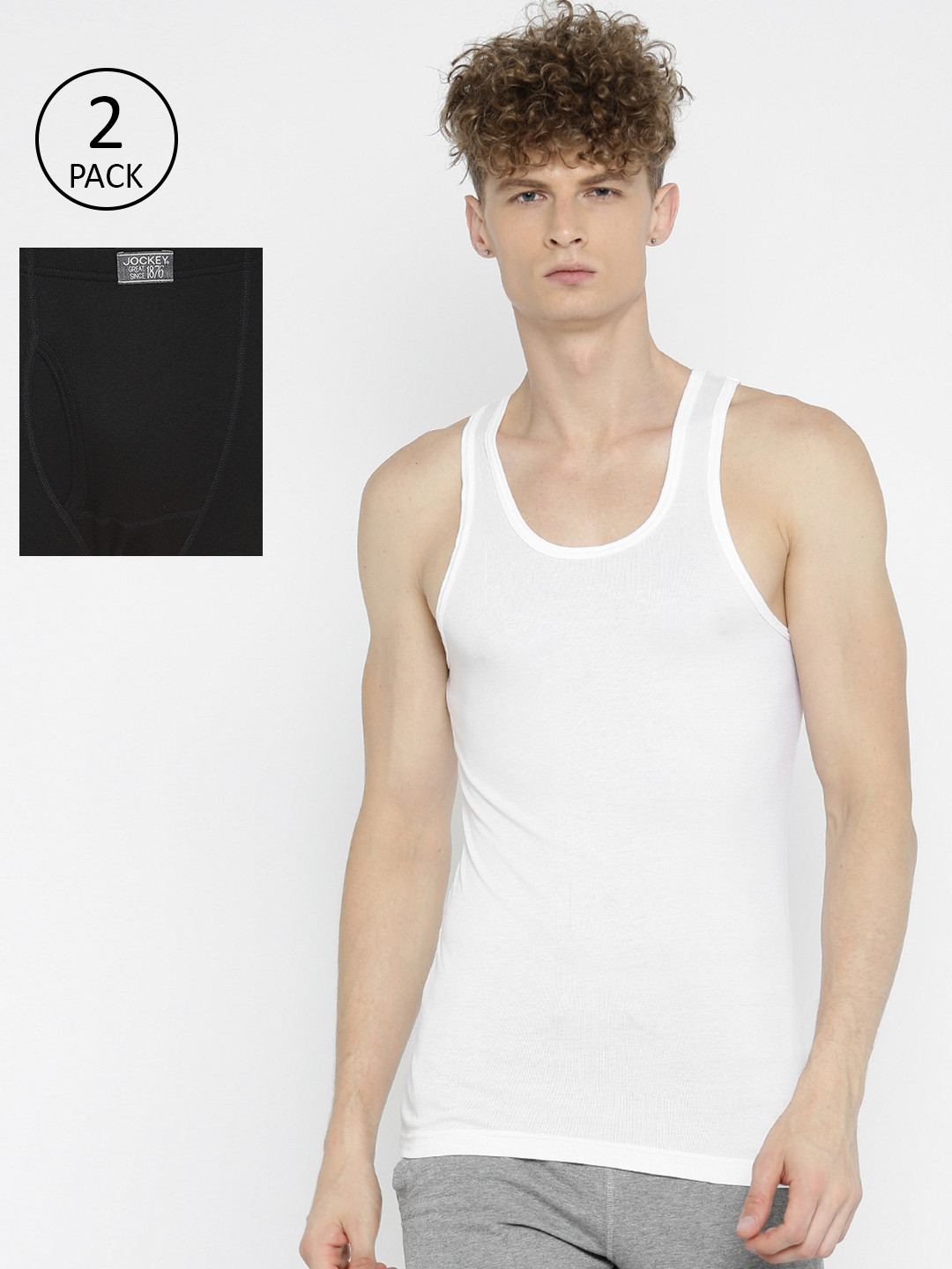 Buy Jockey Men White & Black Solid Innerwear Vest With Trunks ...