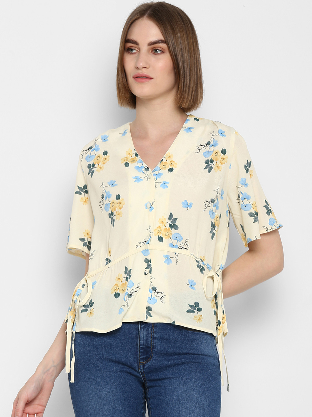 Buy Mode By Red Tape Women Yellow & Blue Floral Printed A Line Top ...