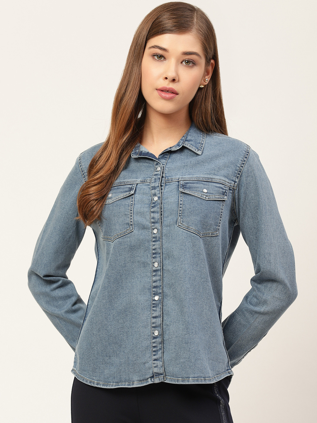 Buy Xpose Women Blue Classic Regular Fit Solid Denim Casual Shirt ...