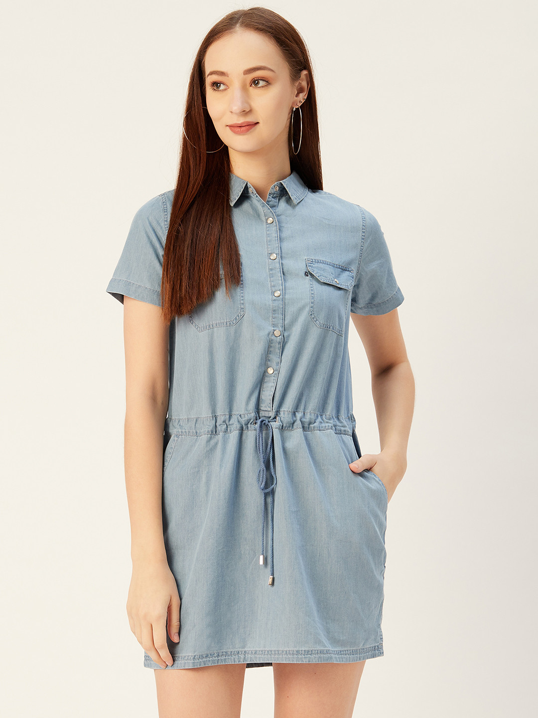 Buy Xpose Women Blue Solid Denim Shirt Dress - Dresses for Women ...