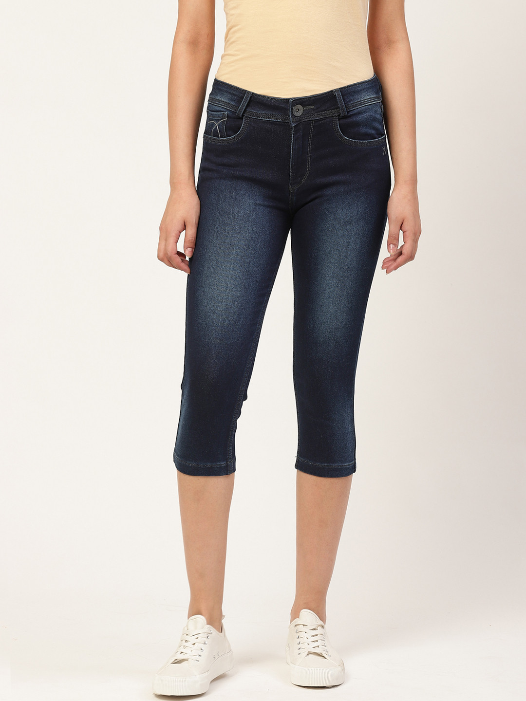 Buy Xpose Women Navy Blue Solid Skinny Fit Denim Capris - Capris for ...