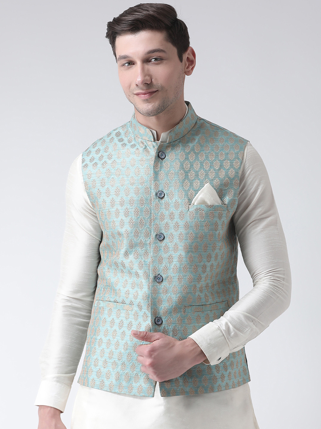 Buy DEYANN Men Turquoise Blue & Silver Colored Woven Design Nehru ...