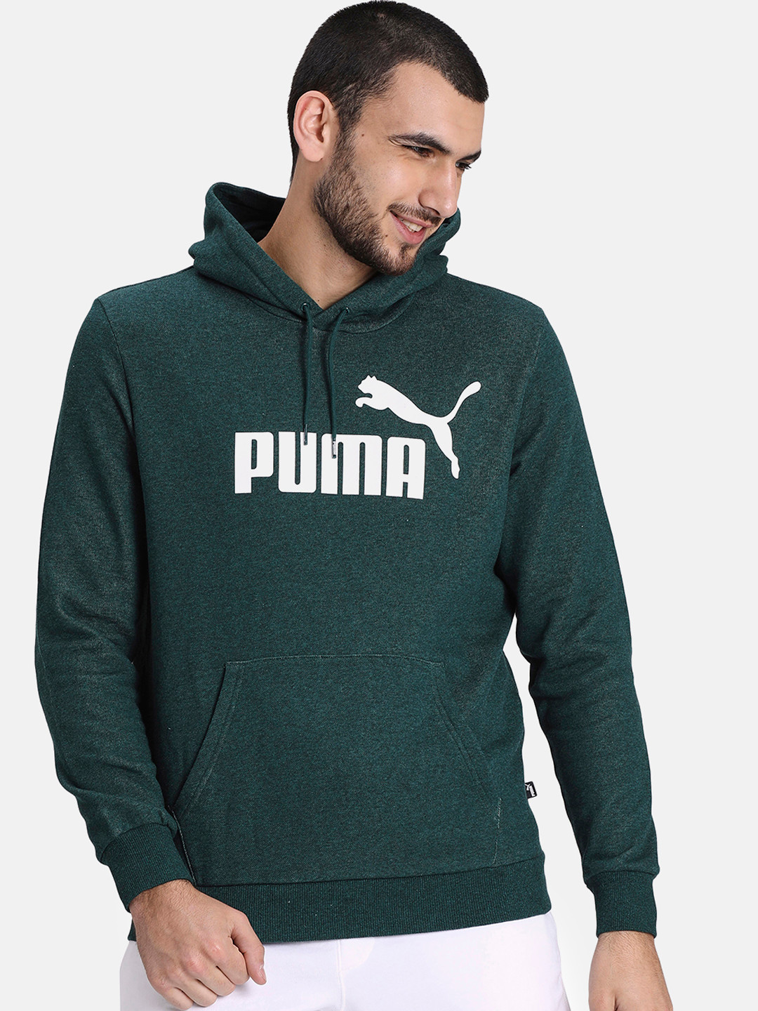 Buy Puma Men Bottle Green Brand Logo Print Essentials+ Fleece Hooded ...