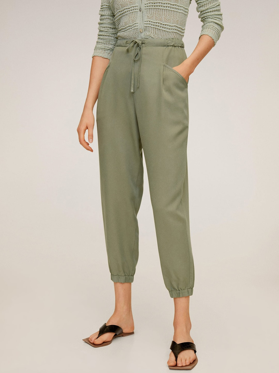 Buy MANGO Women Olive Green Straight Fit Solid Cropped Sustainable ...