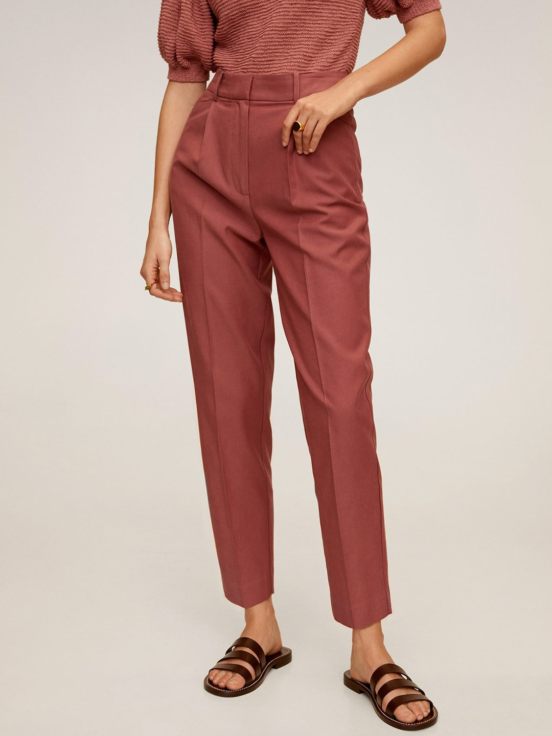 Buy MANGO Women Rust Red Regular Fit Solid Cropped Sustainable Trousers ...