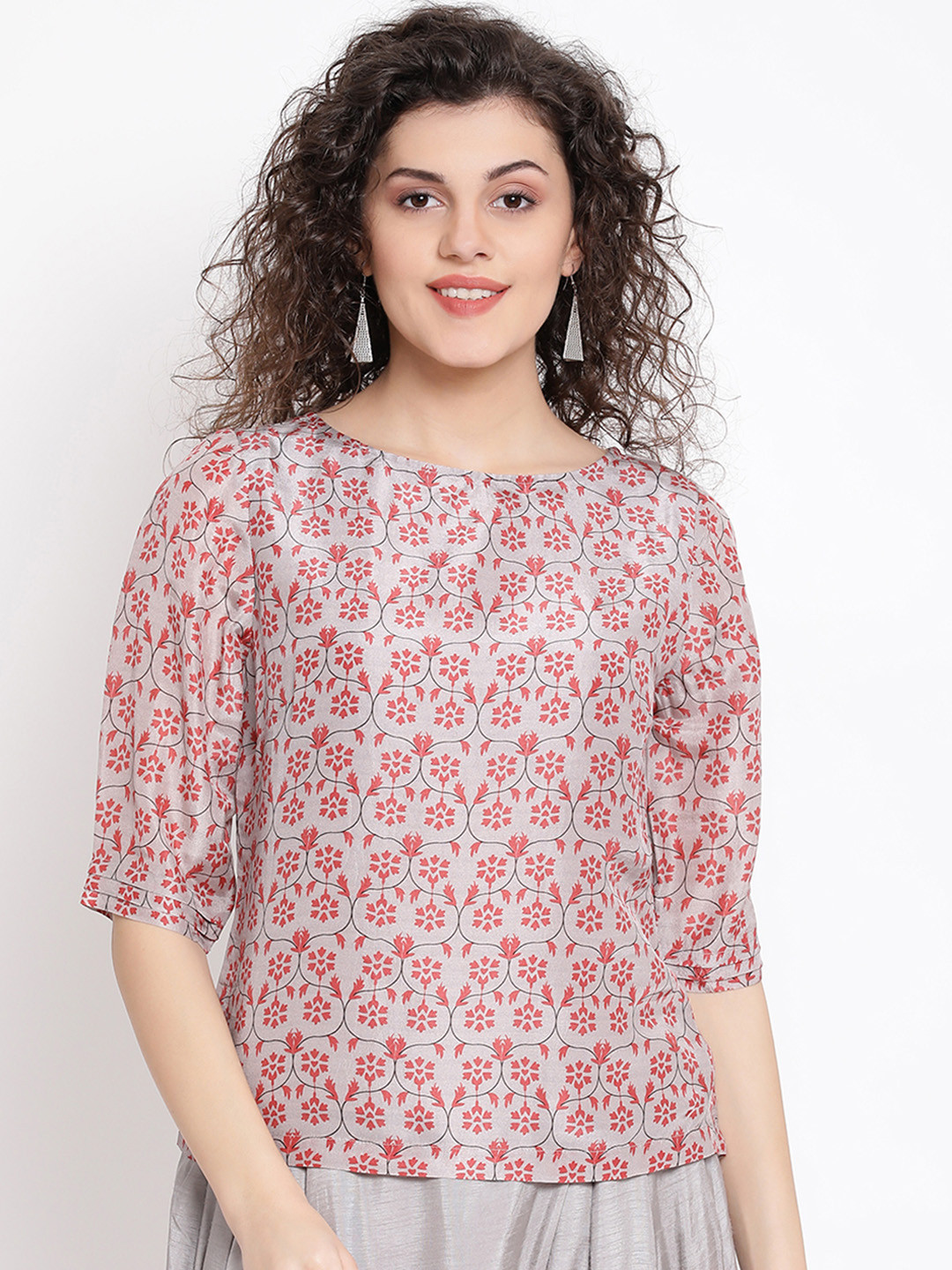 Buy ROOTED Women Grey & Red Floral Printed Top - Tops for Women ...