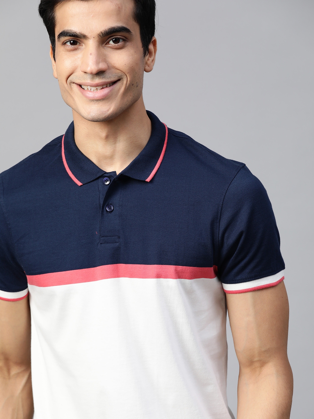 Buy Mast And Harbour Men White And Navy Blue Colourblocked Polo Collar T