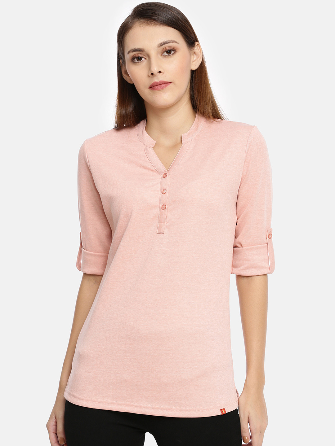 Buy GOLDSTROMS Women Peach Coloured Solid Shirt Style Pure Cotton Top ...