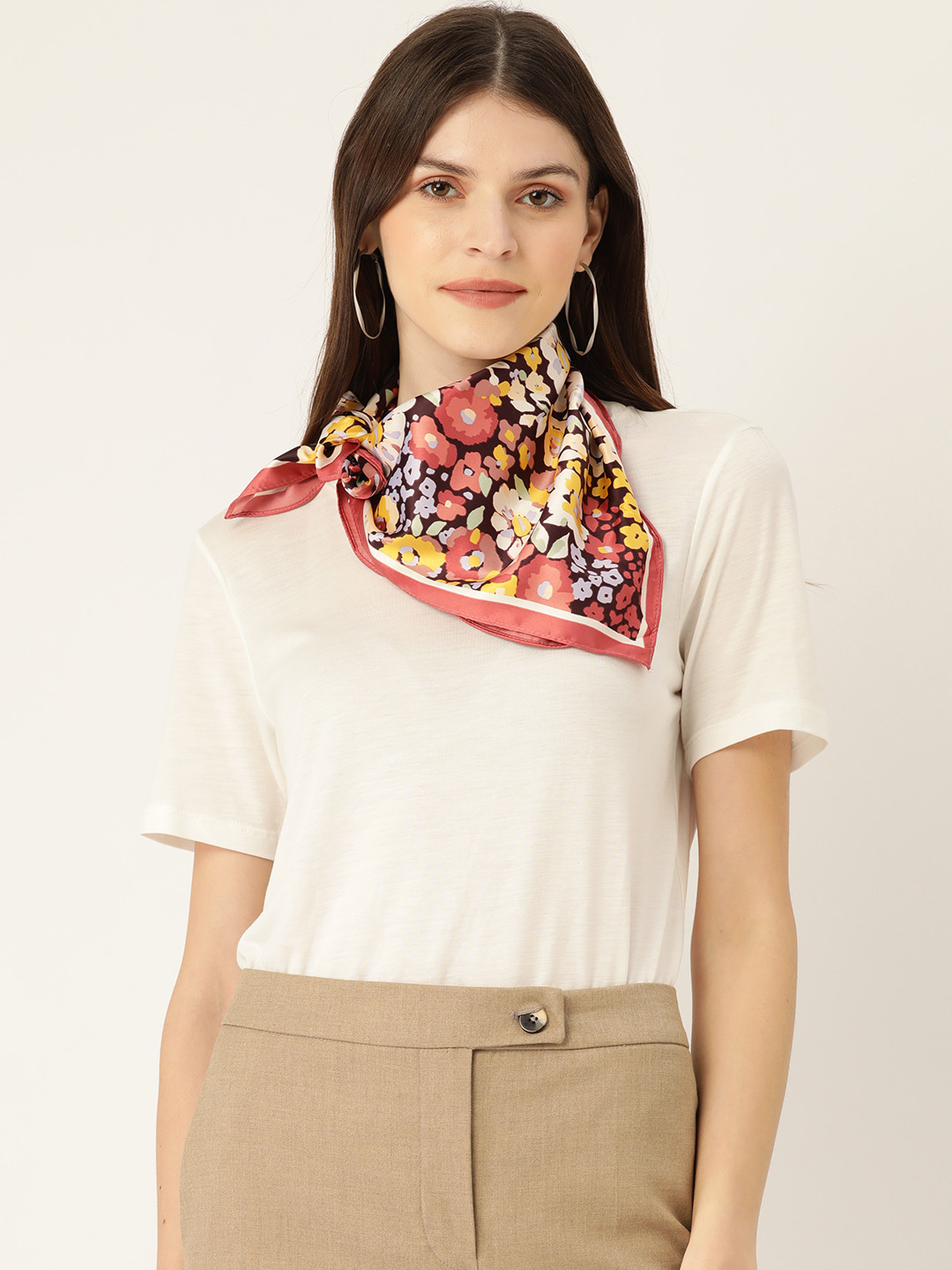 Buy MANGO Women Pink & Yellow Floral Print Satin Finish Scarf - Scarves ...