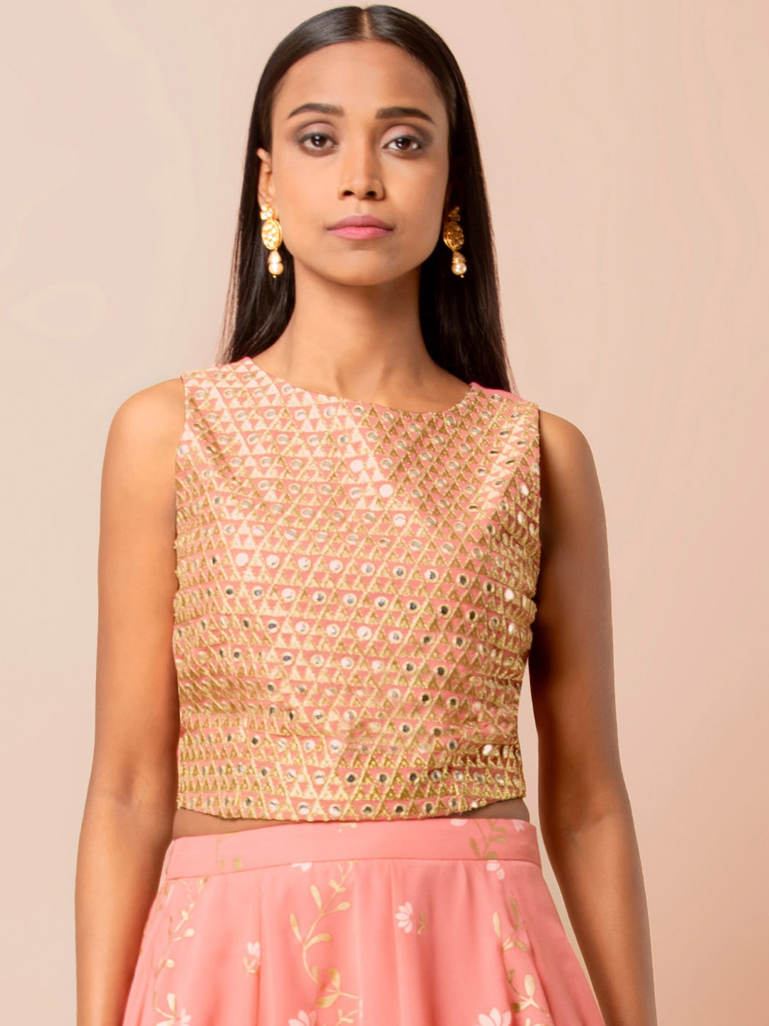 Buy Rang By Indya Women Pink And Beige Mirror Work Embellished Crop Top