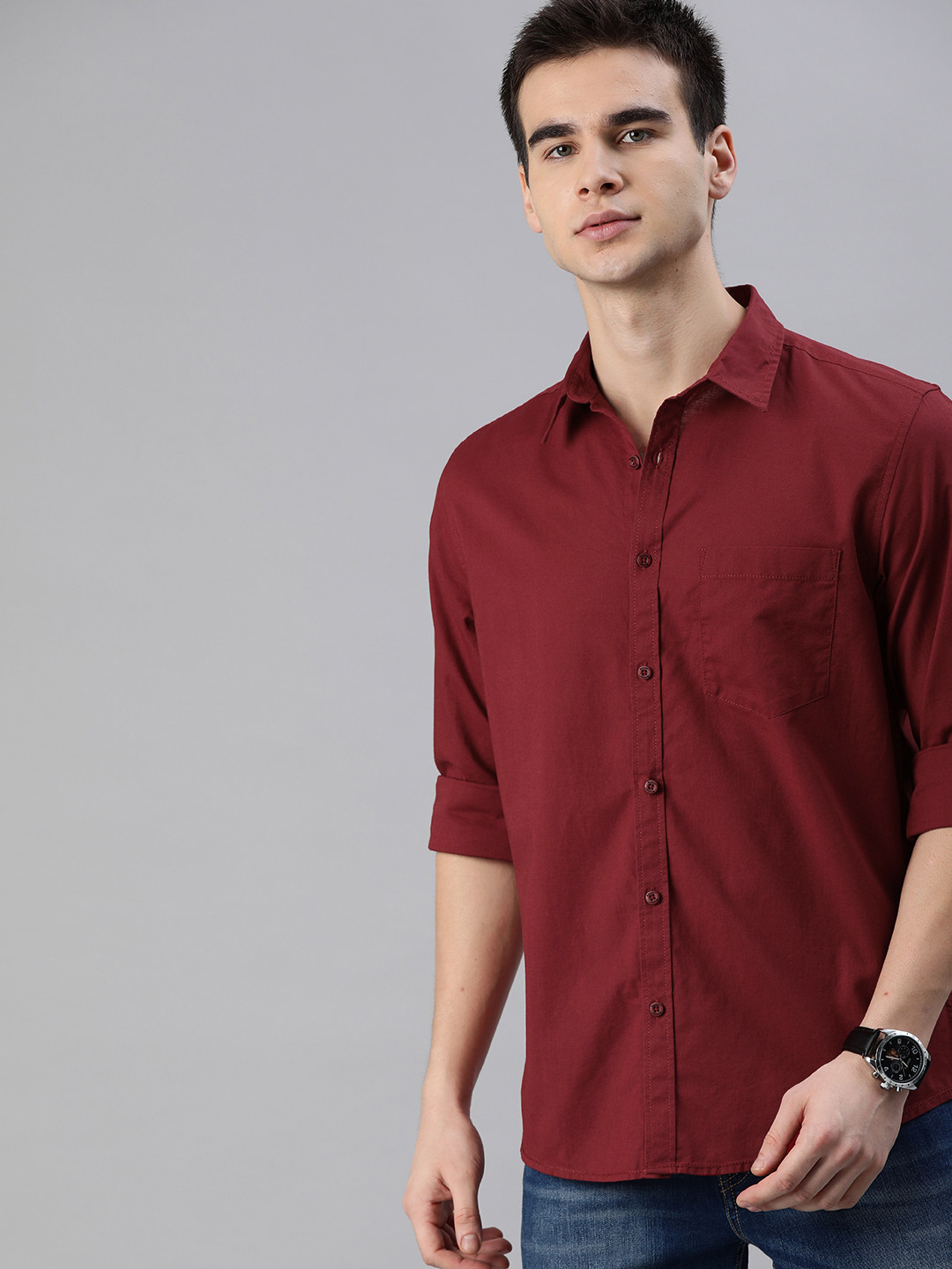 Buy Roadster Men Maroon Pure Cotton Casual Shirt - Shirts for Men ...