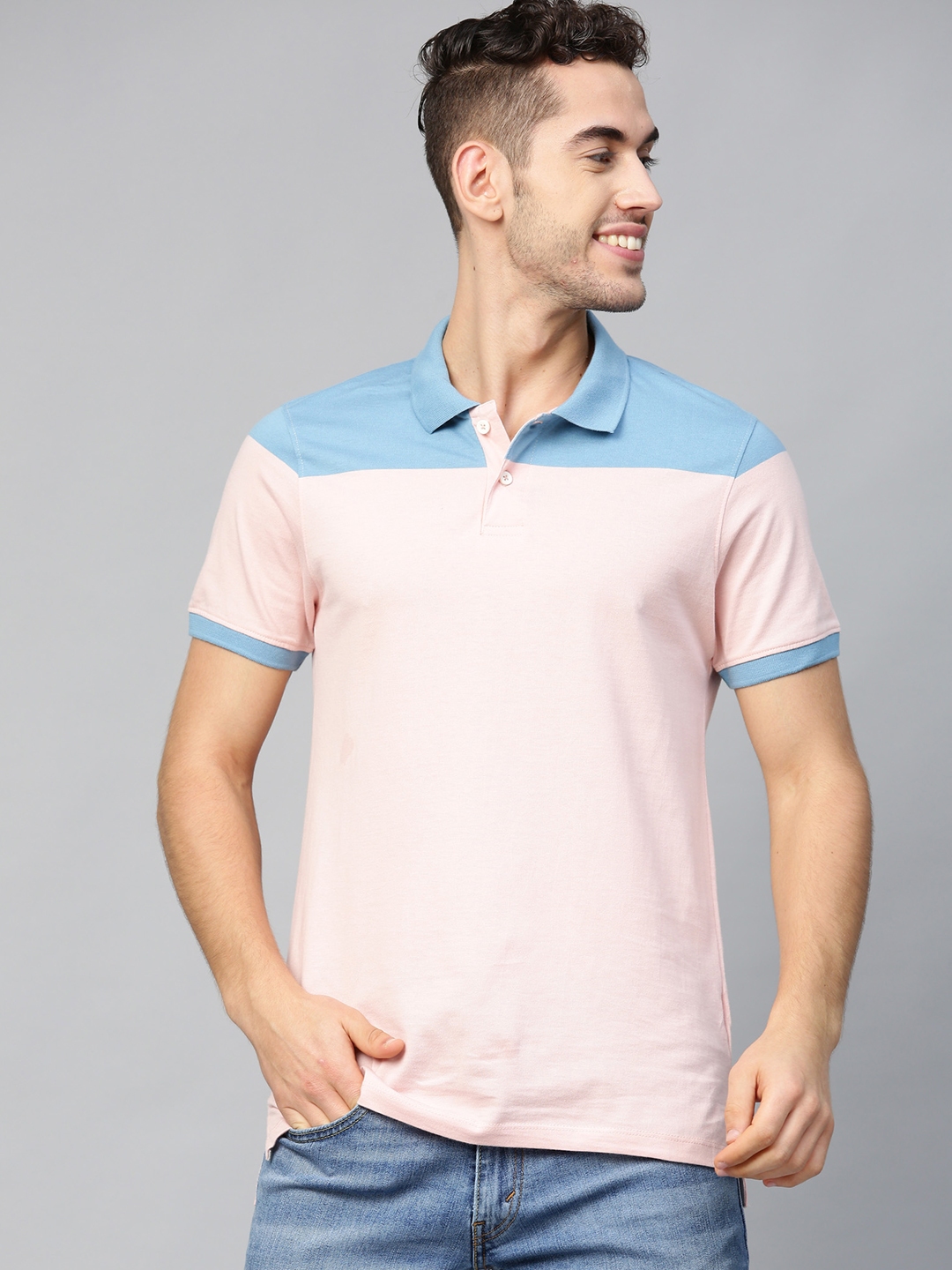Buy Mast Harbour Men Pink Blue Colourblocked Polo Collar Pure Cotton T
