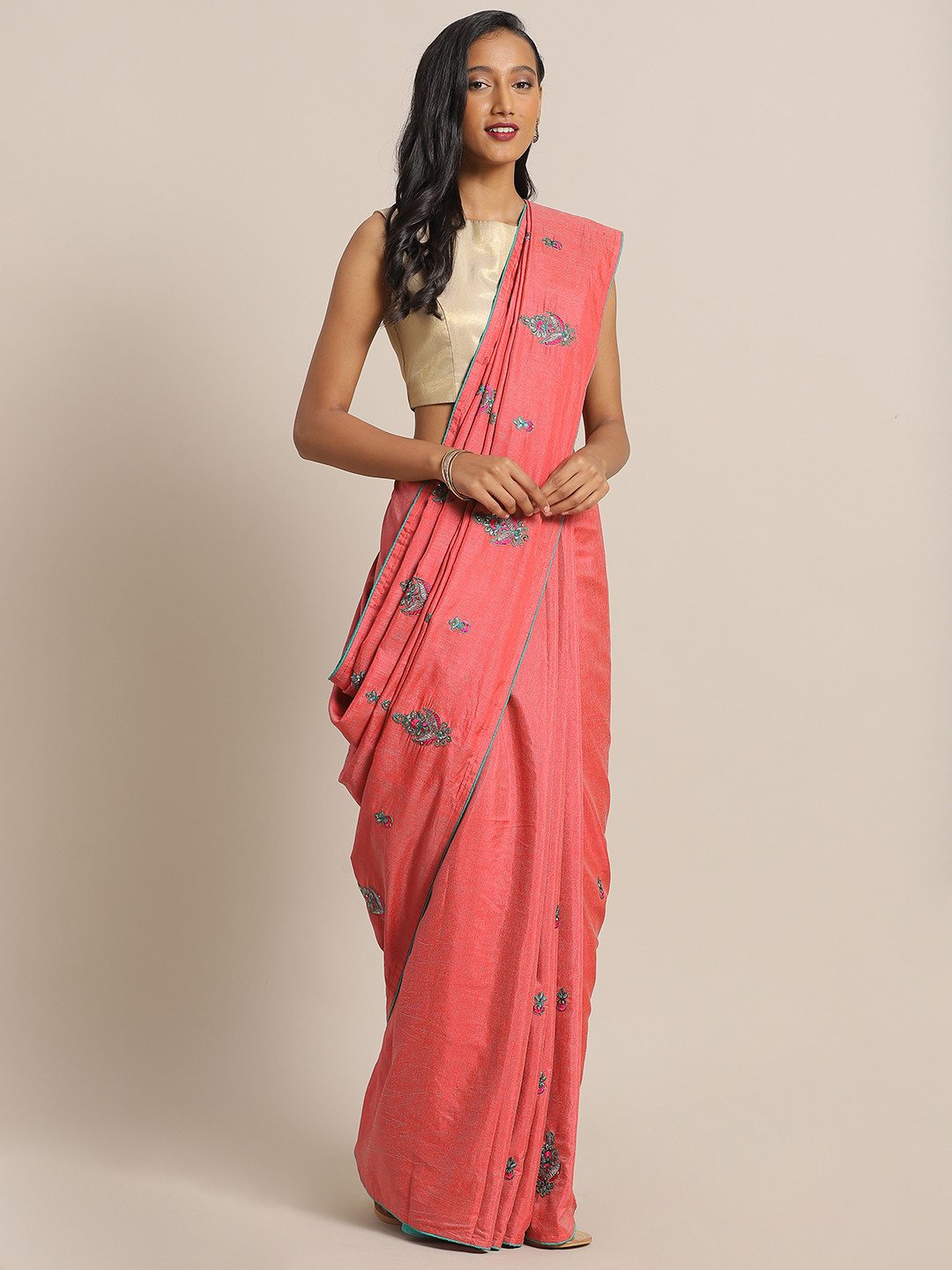Buy The Chennai Silks Peach Coloured Embroidered Viscose Rayon Saree ...