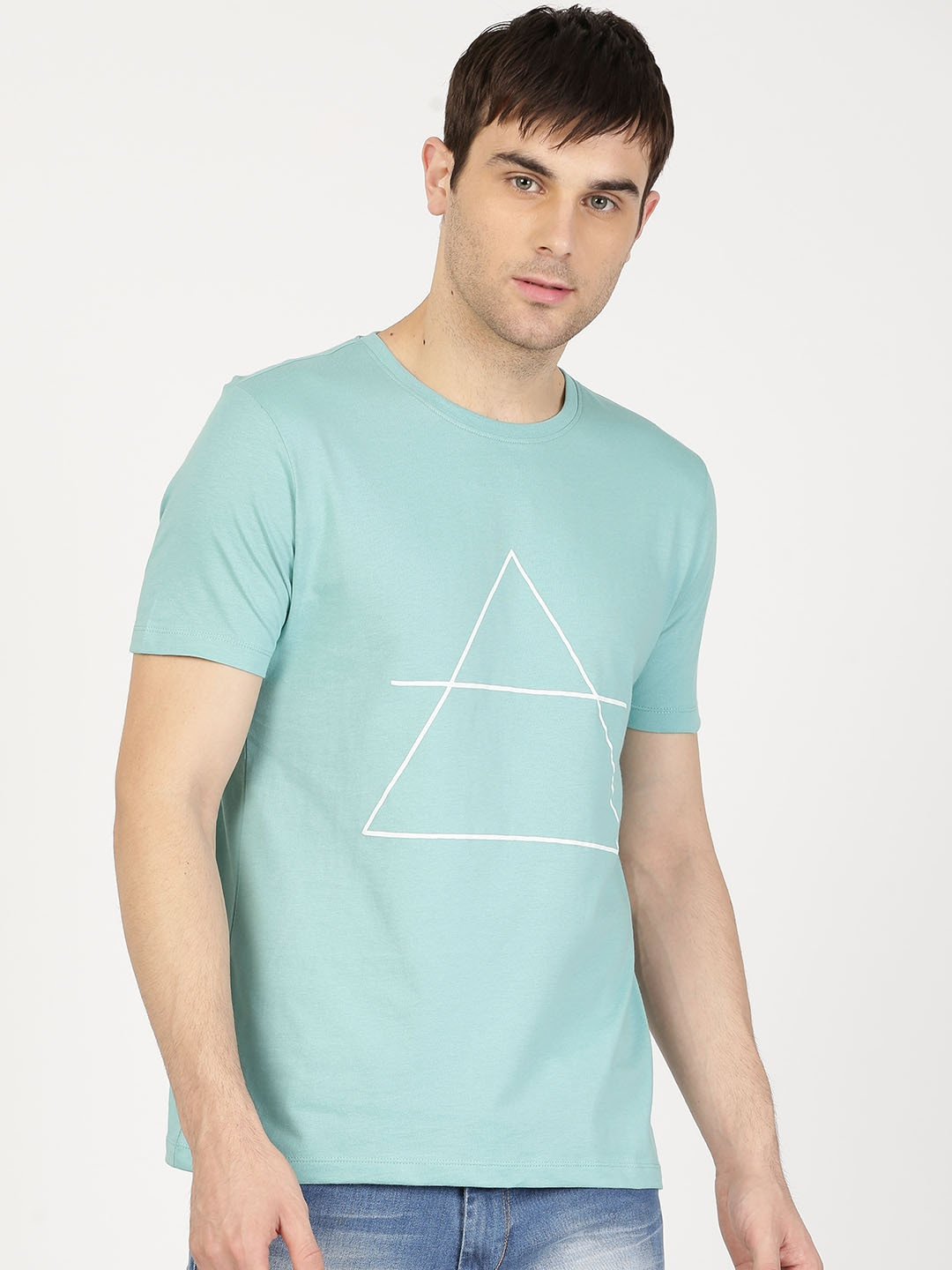 Buy Ether Men Turquoise Blue Geometric Printed Round Neck Pure Cotton T ...