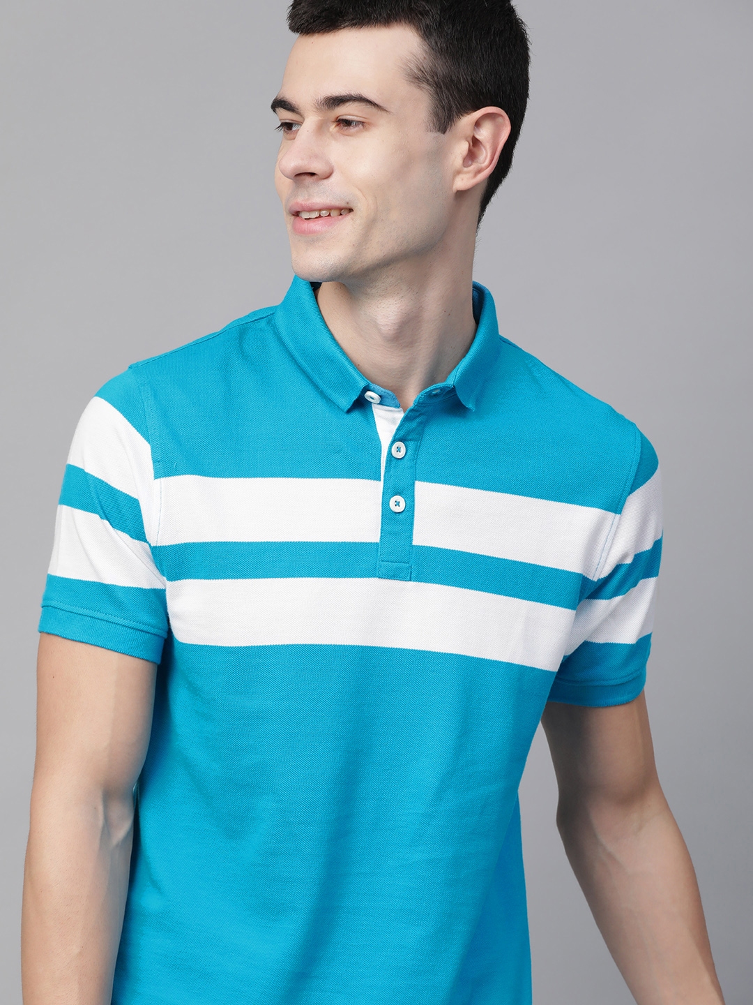 Buy Mast And Harbour Men Blue And White Striped Polo Collar T Shirt