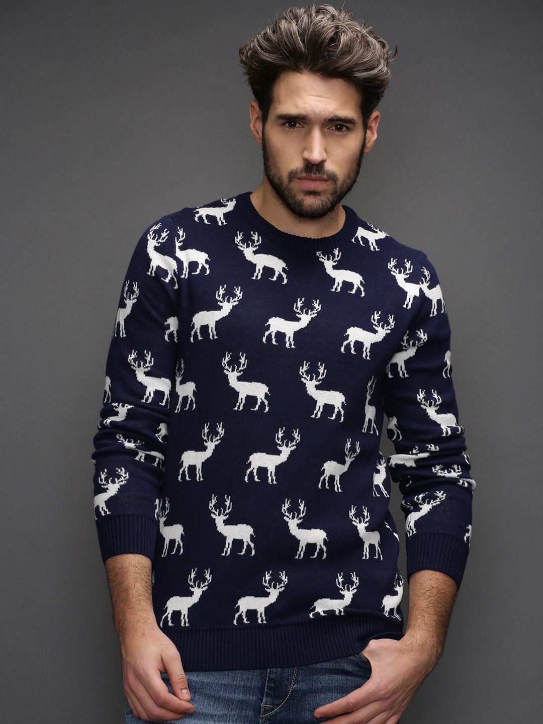 Buy SELECTED Navy Reindeer Pattern Sweater - Sweaters for Men 1193300 ...