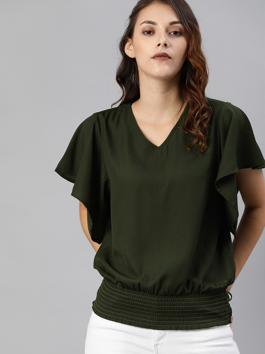 Buy Roadster Women Green Solid Ruffled Blouson Top - Tops for Women ...