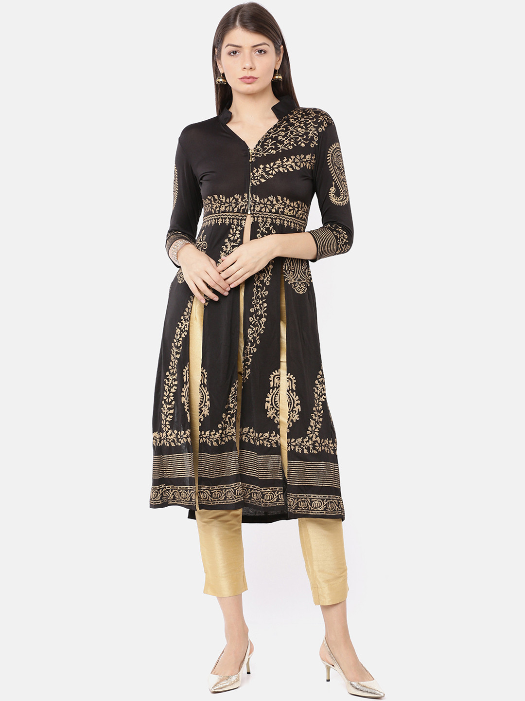 Buy Ira Soleil Women Black & Gold Coloured Printed Tailored Ethnic Long ...