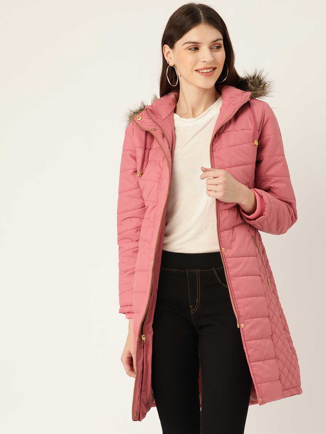 Buy DressBerry Women Pink Solid Longline Parka Jacket With Attached ...