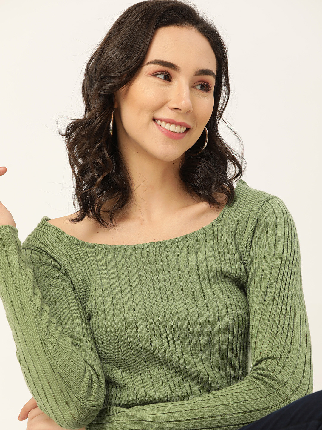 Buy DressBerry Women Olive Green Acrylic Ribbed Sweater - Sweaters for ...