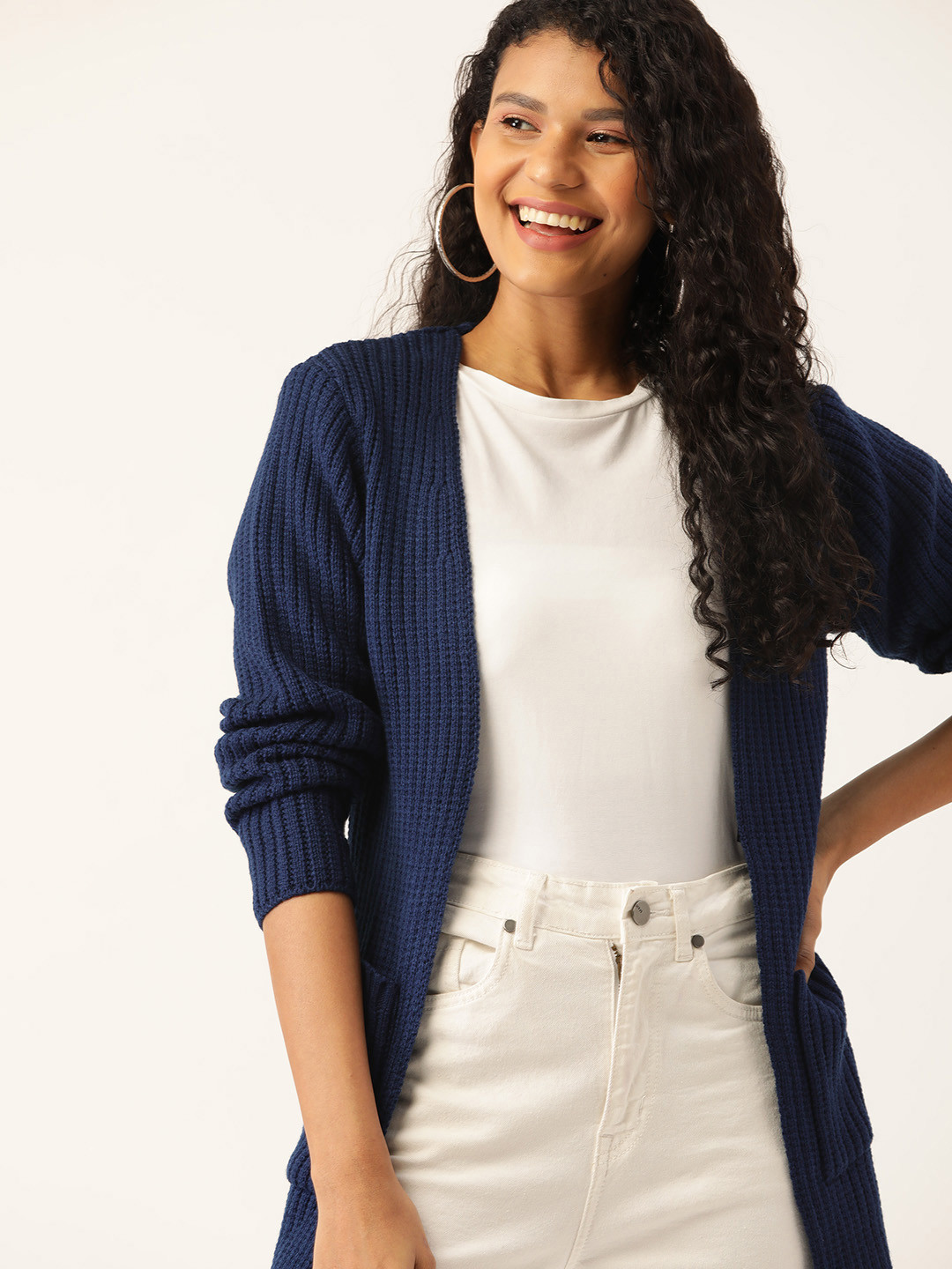 Buy DressBerry Women Navy Blue Ribbed Longline Front Open Sweater ...