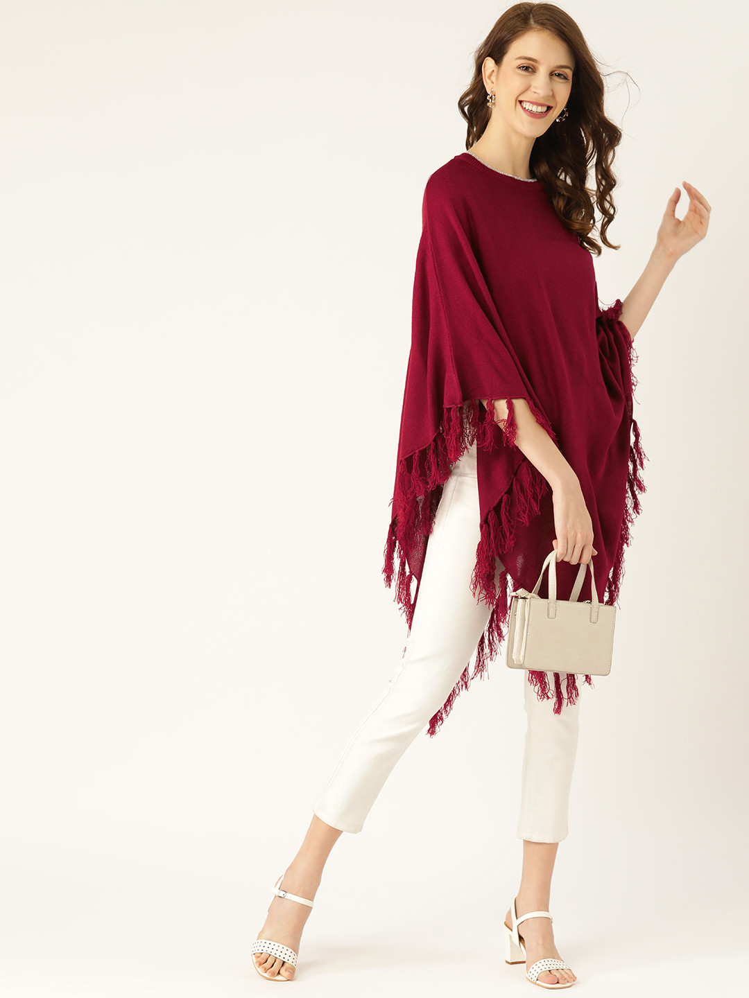 Buy DressBerry Women Maroon Solid Poncho Sweater - Sweaters for Women ...