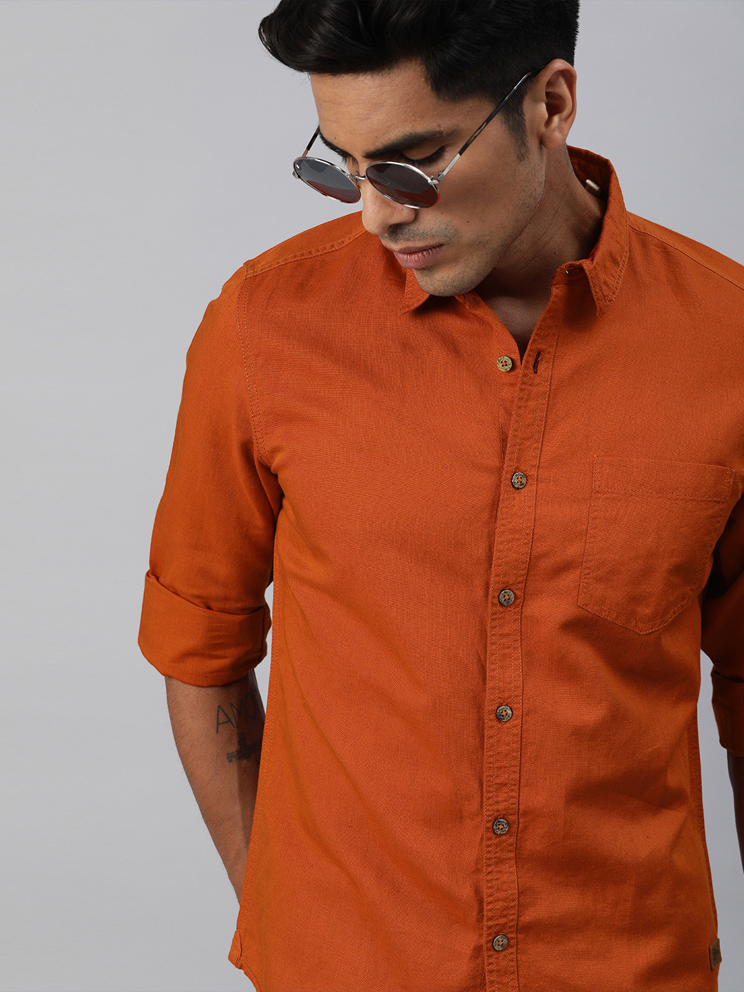 Buy Roadster Men Rust Orange Regular Fit Solid Casual Linen Shirt ...