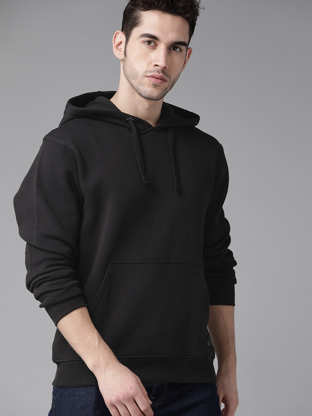 Buy Roadster Men Black Solid Hooded Sweatshirt - Sweatshirts for Men ...