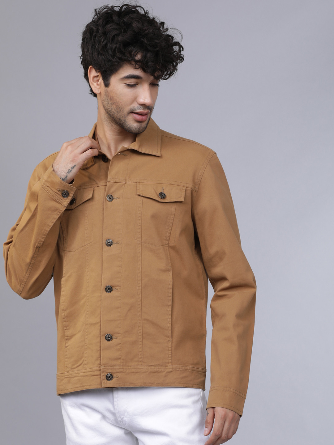 Buy HIGHLANDER Men Beige Solid Denim Jacket - Jackets for Men 11964556 ...