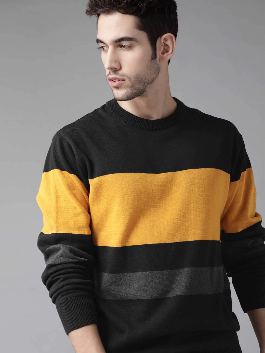 Buy Roadster Men Black & Mustard Yellow Striped Pullover - Sweaters for ...