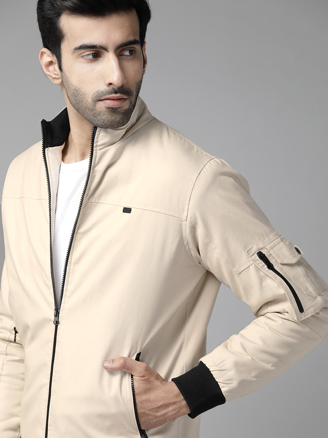 Buy Roadster Men Cream Coloured Solid Sustainable Bomber Jacket ...