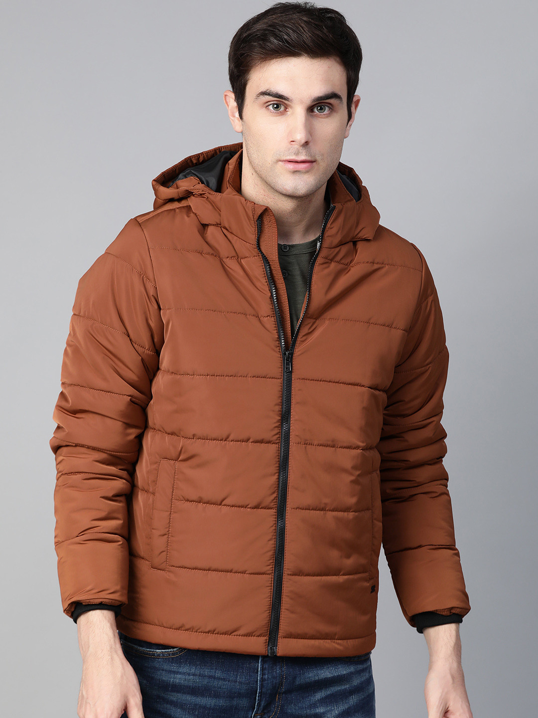 Buy Roadster Men Rust Brown Padded Jacket With Detachable Hood ...