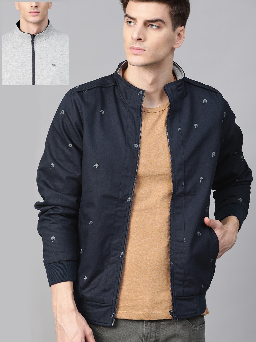 Buy Roadster Men Navy Blue Quirky Print Reversible Sustainable Bomber ...