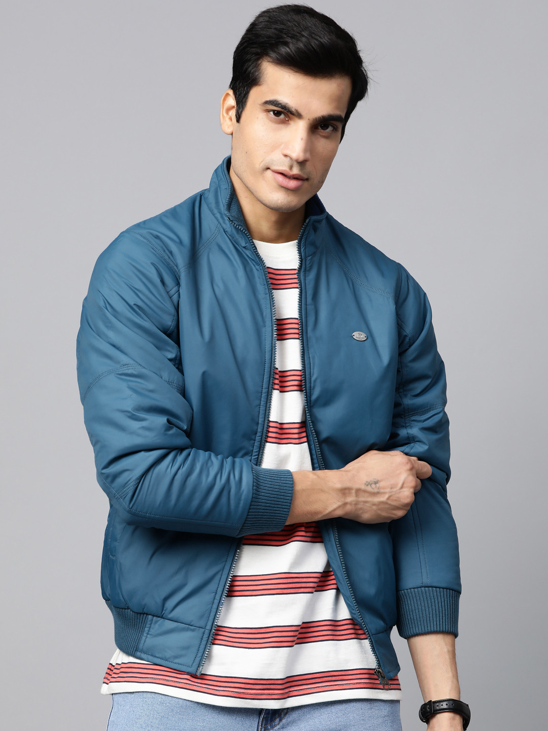 Buy Roadster Men Teal Blue Solid Bomber Jacket - Jackets for Men ...