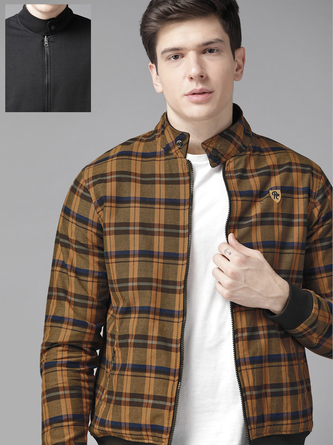 Buy Roadster Men Mustard Brown & Black Checked Reversible Bomber Jacket ...