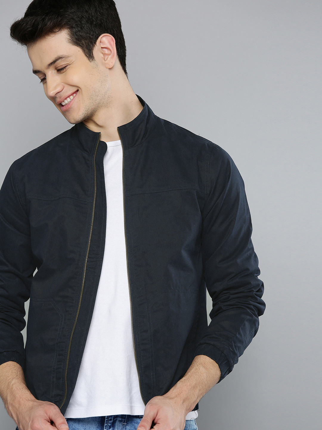 Buy Mast & Harbour Men Navy Blue Solid Bomber Jacket - Jackets for Men ...