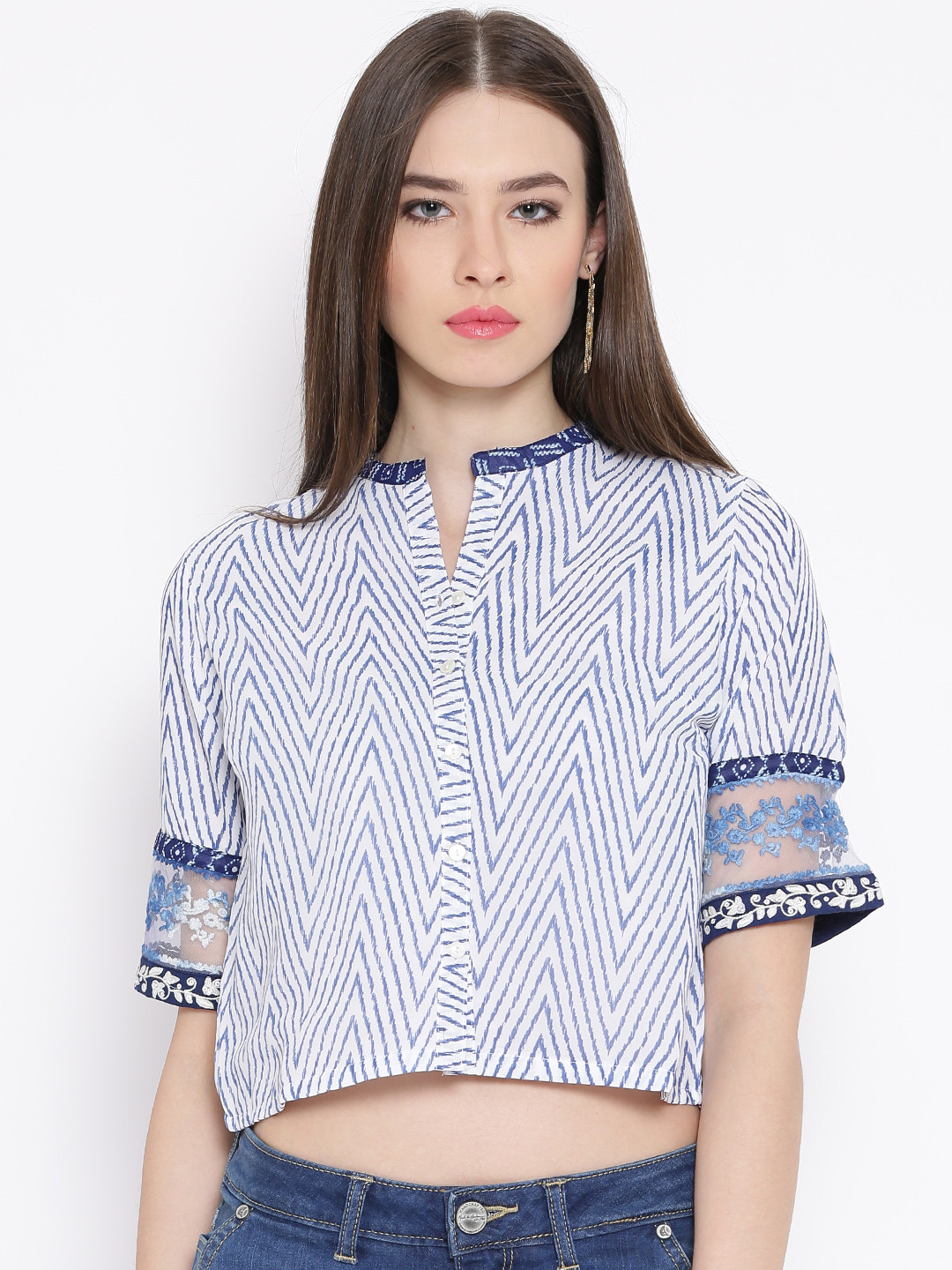Buy BIBA White & Blue Printed Crop Top - Tops for Women 1197855 | Myntra