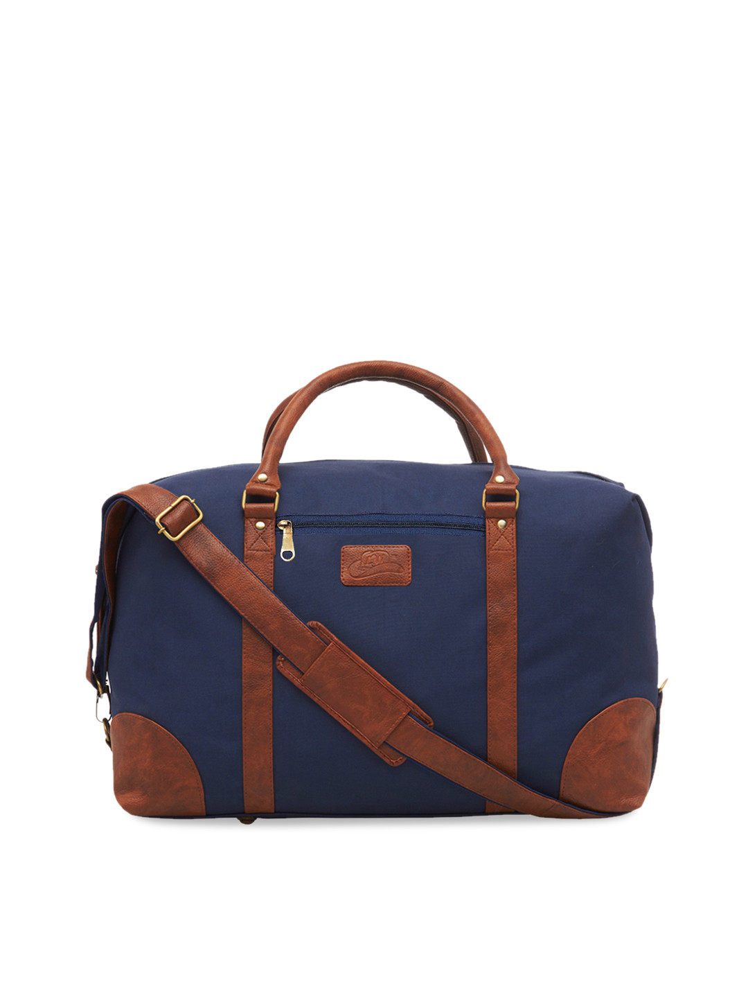 Buy Leather World Navy Blue & Brown Colourblocked Large Duffle Bag ...