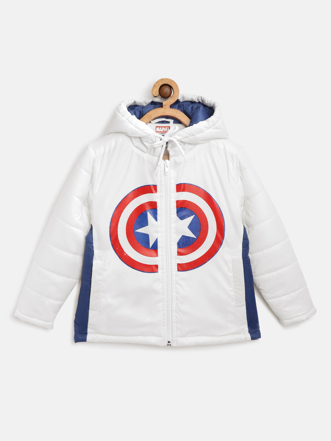 Buy YK Marvel Boys White Captain America Shield Print Hooded Padded ...