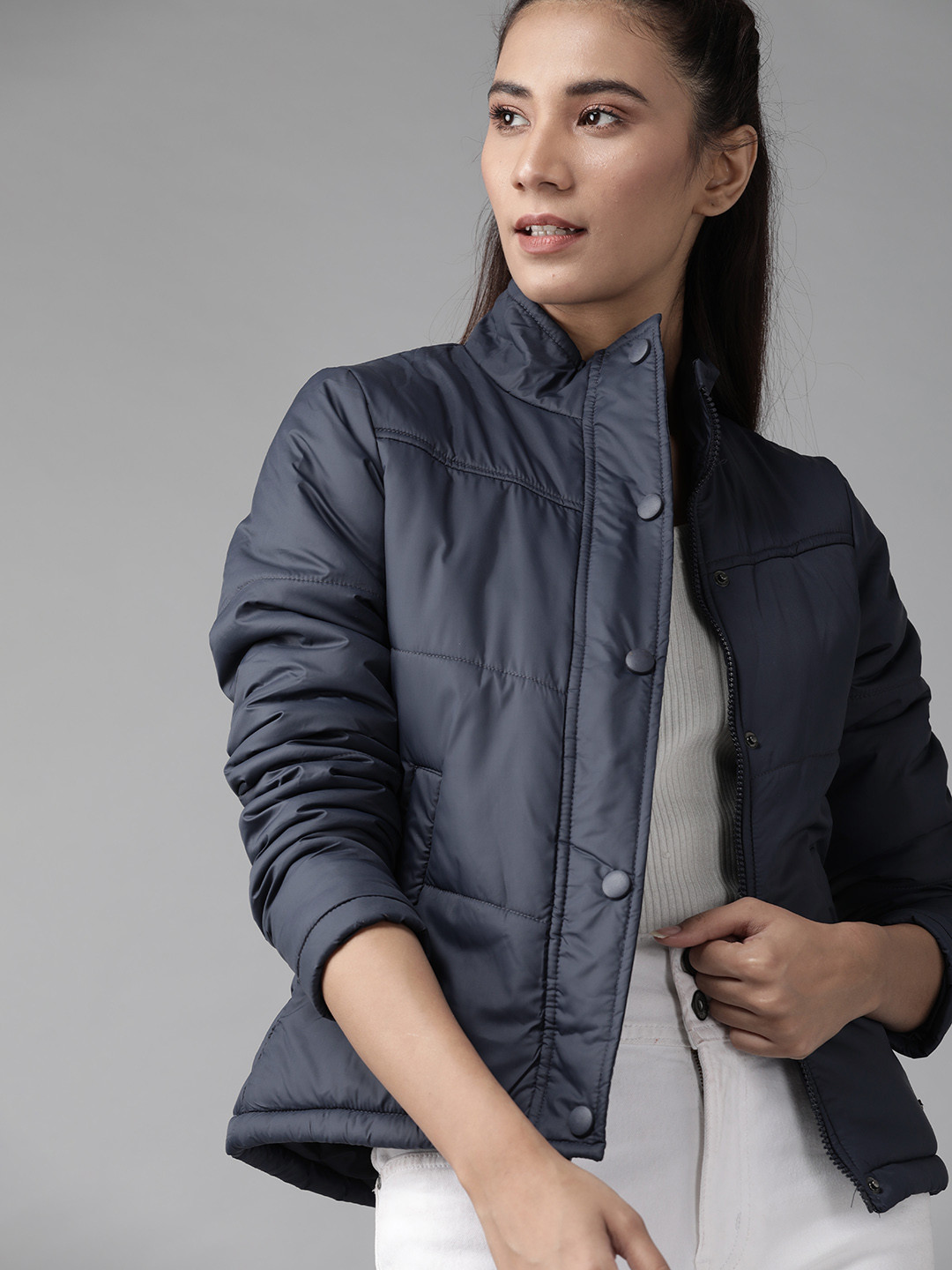Buy Roadster Women Navy Blue Solid Padded Jacket - Jackets for Women ...