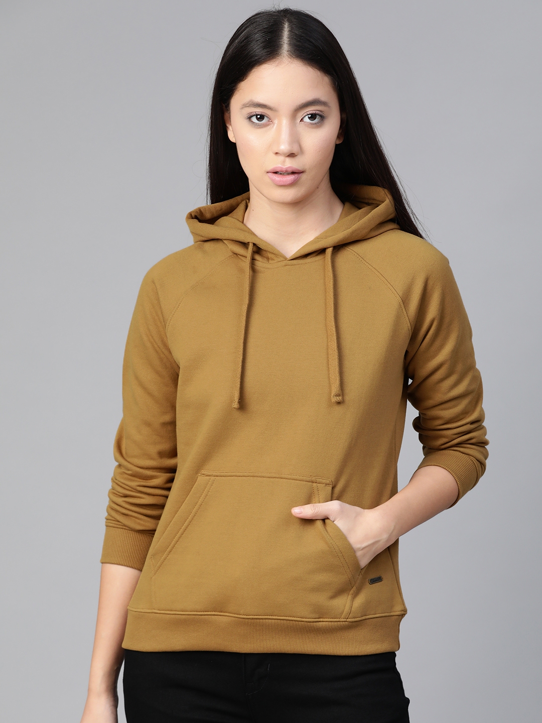 Buy Roadster Women Mustard Brown Fleece Solid Hooded Sweatshirt