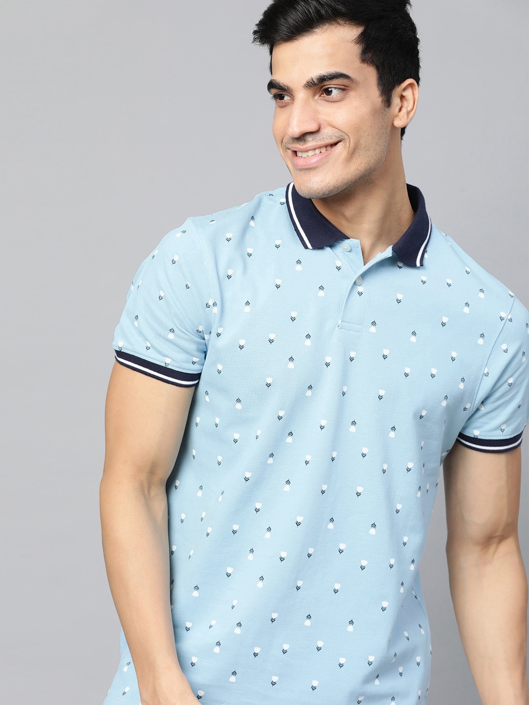 Buy Mast And Harbour Men Blue And White Floral Print Polo Collar T Shirt