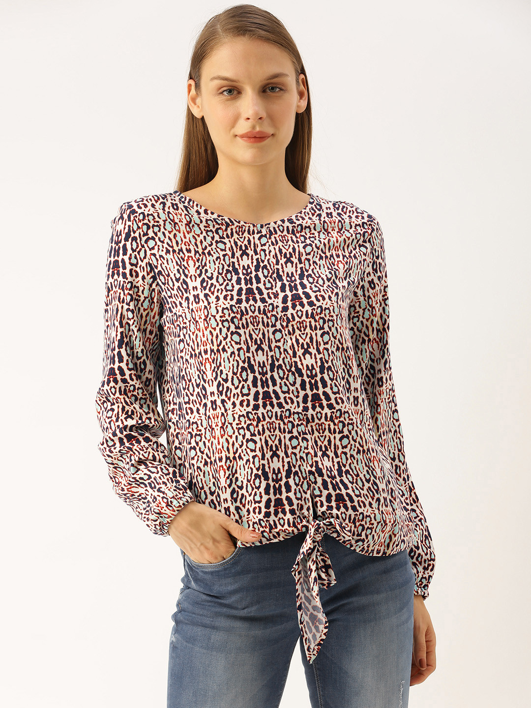 Buy Lee Cooper Women Cream Coloured & Navy Blue Printed Waist Tie Up ...